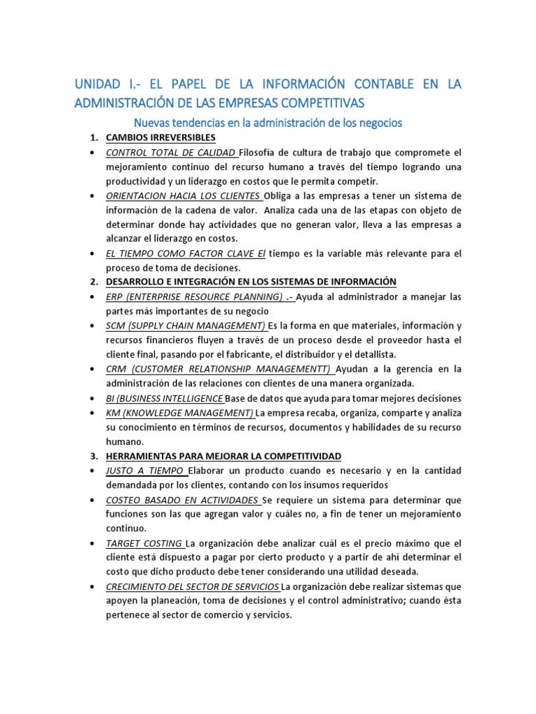 Resumen Unidad I El Papel de La Información Contable en La Administración de Las Empresas ...