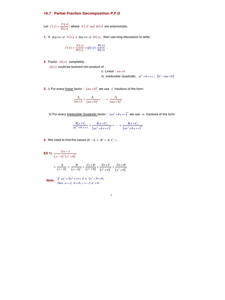 10.7 Partial Fraction Decomposition P.F.D: Deg Deg | PDF | Algebra ...