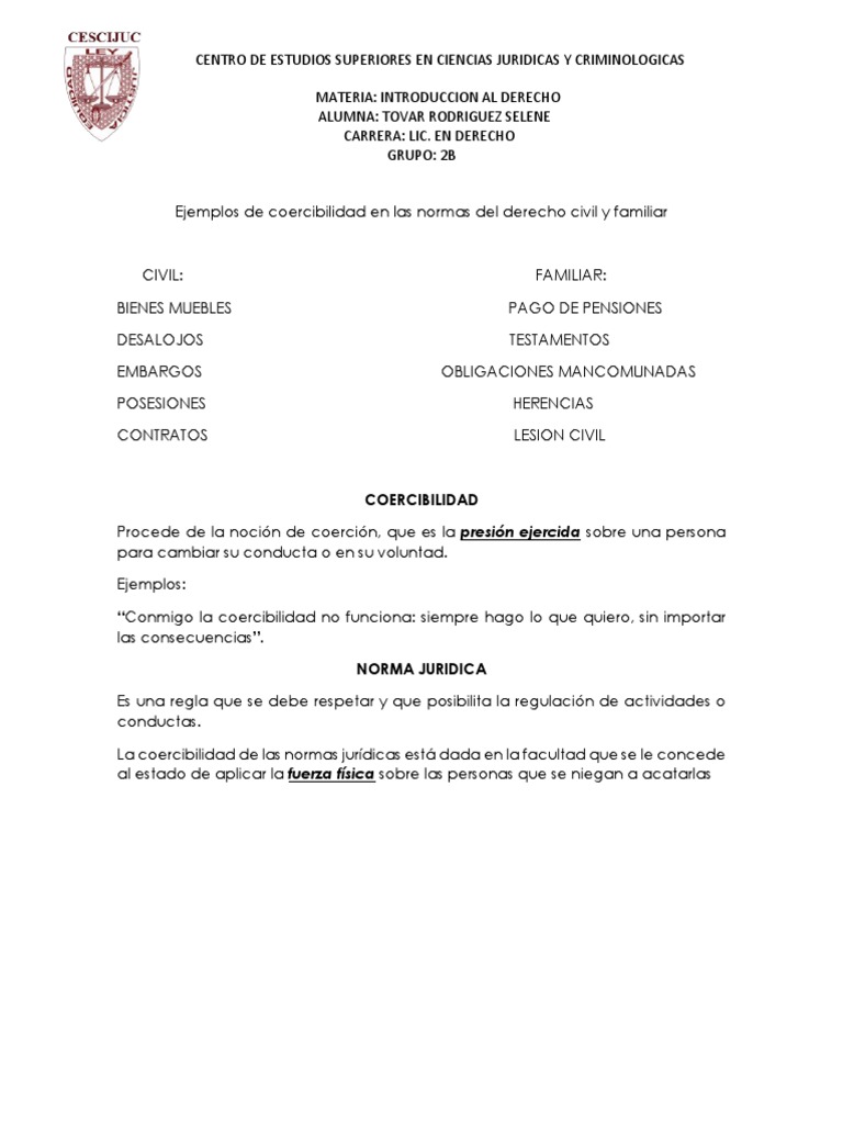 Ejemplos de Coercibilidad en Las Normas Del Derecho Civil y Familiar