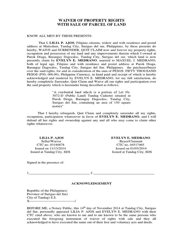 Waiver of Property Rights With Sale of Parcel of Land: Acknowledgement ...