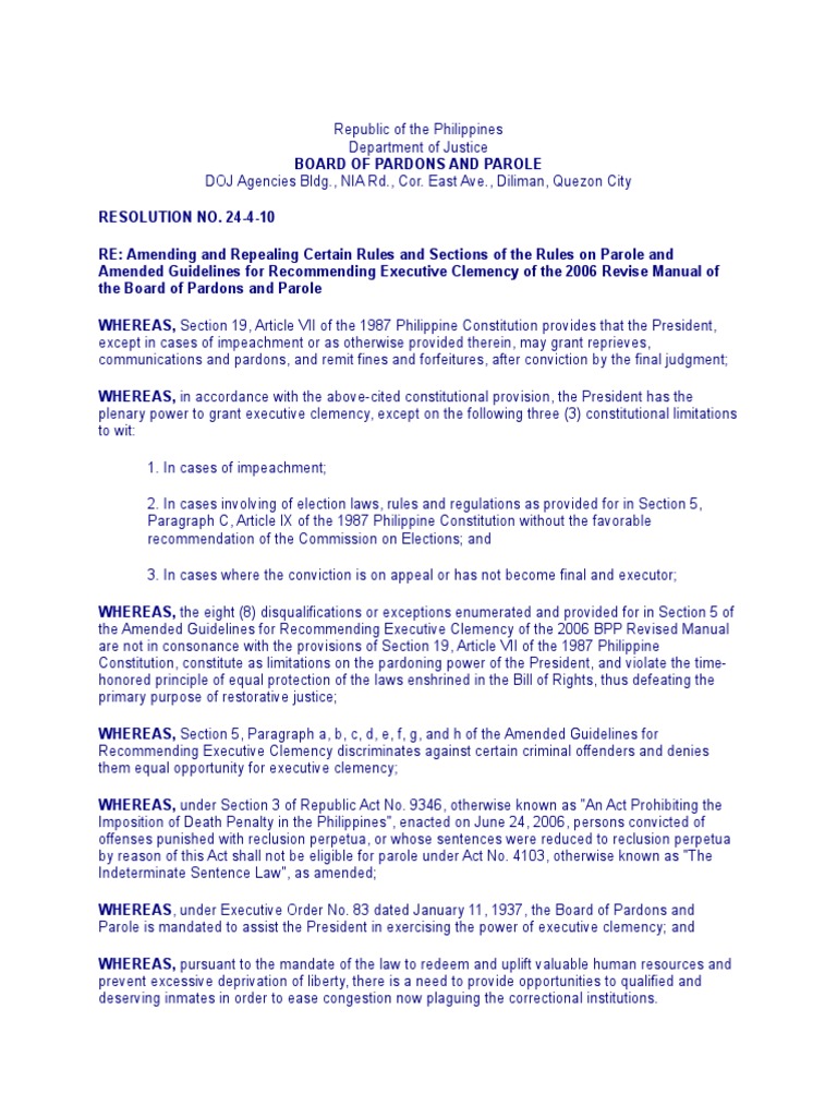 Rules On Parole and Amended Guidelines For Recommending Executive ...