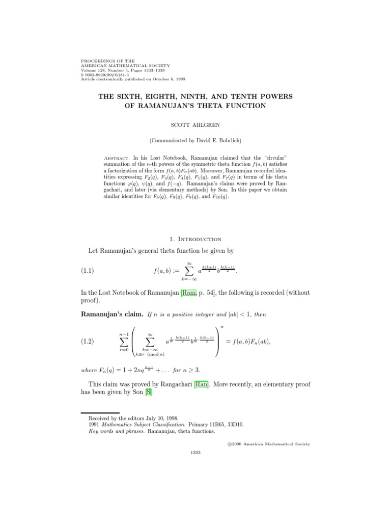 Ahlgren S - The Sixth, Eighth, Ninth, and Tenth Powers of Ramanujan's Theta Function - Proc ...