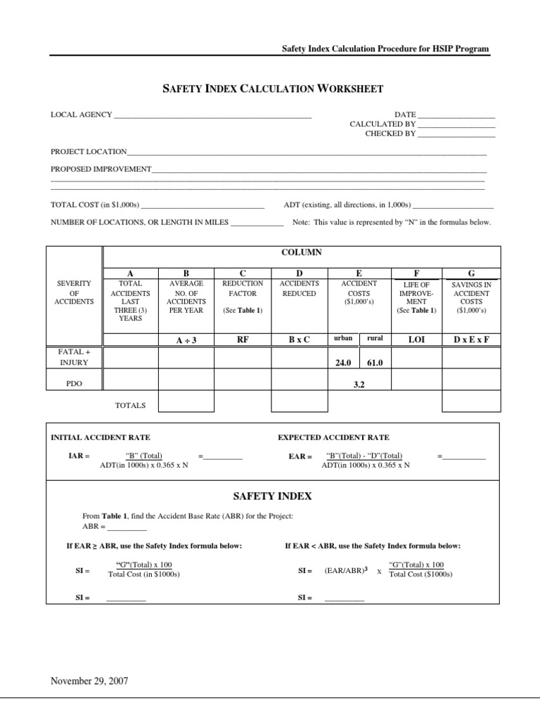 Safety Index Calculation Work Sheet - 1 | PDF | Traffic | Traffic Collision