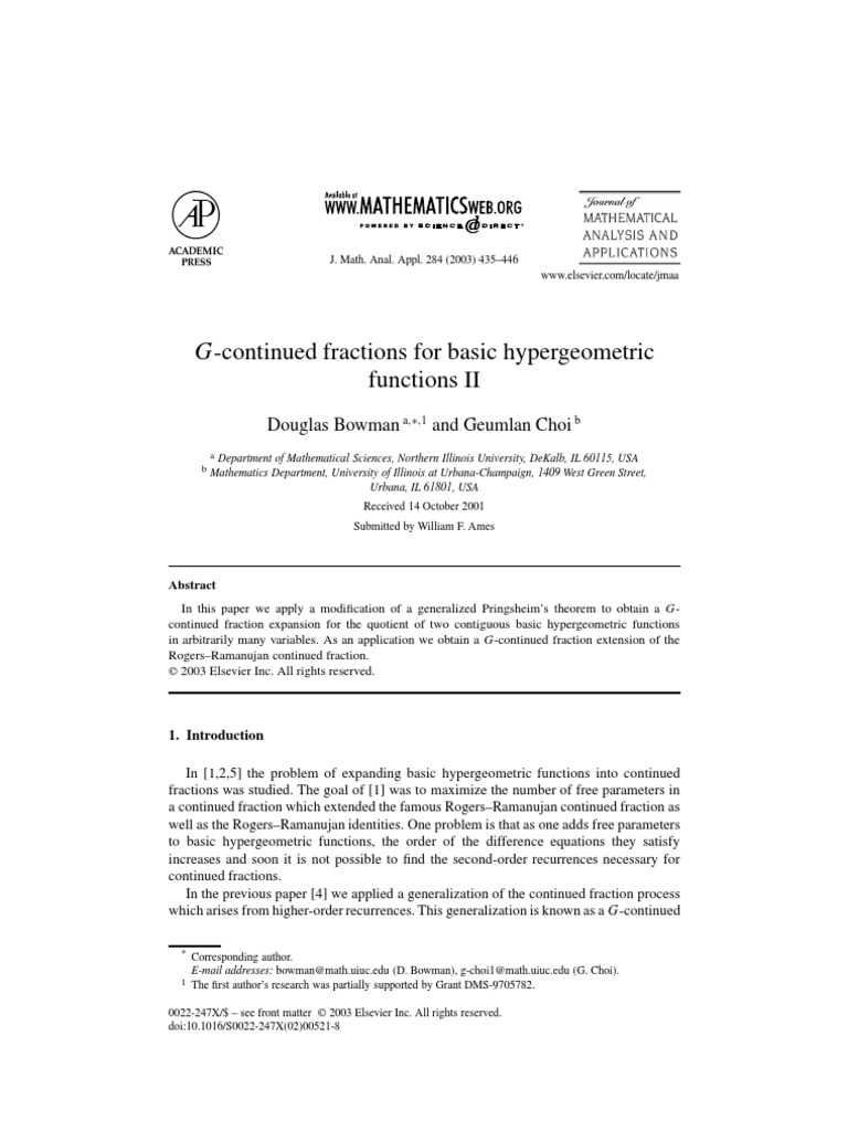 Bowman D, Choi G - G-Continued Fractions For Basic Hyper Geometric ...