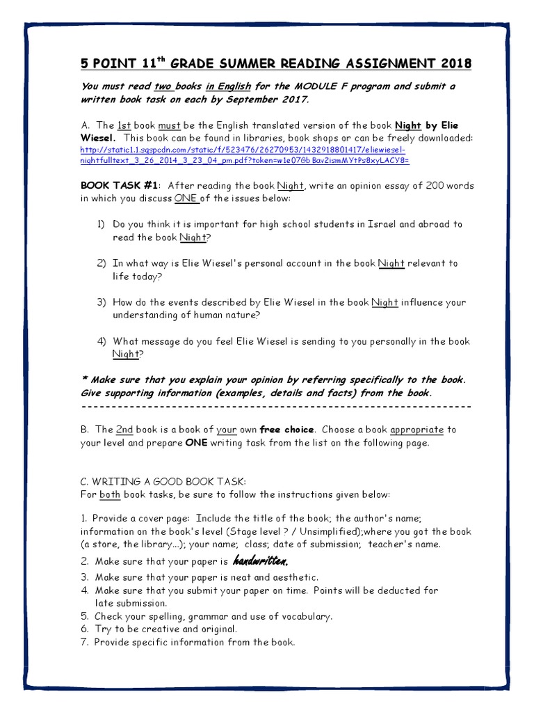 11th Grade Summer Reading Assignment 2017 | PDF | Books | Cognition
