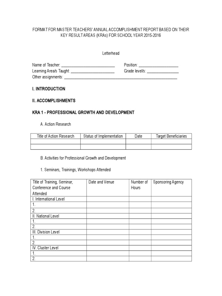 Format For Master Teachers Accomplishment Report 2 Graduate School Teachers