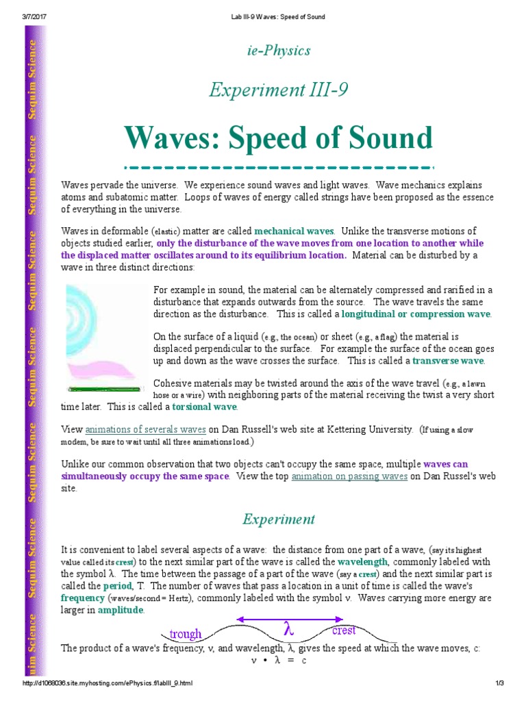 Lab III-9 Waves - Speed of Sound | PDF | Waves | Wavelength