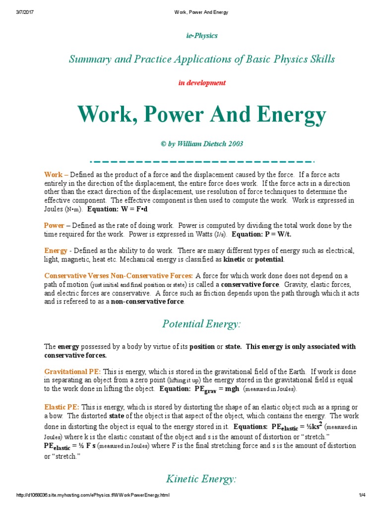 Work, Power and Energy: Summary and Practice Applications of Basic ...