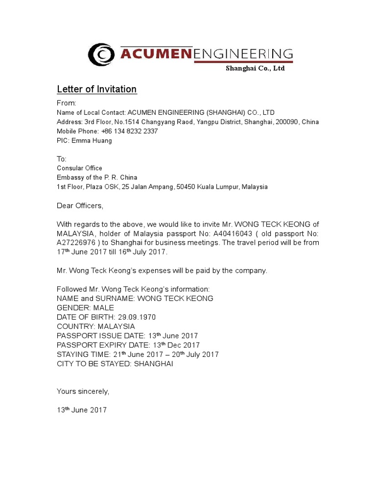 Letter of Invitation: Shanghai Co., LTD | PDF