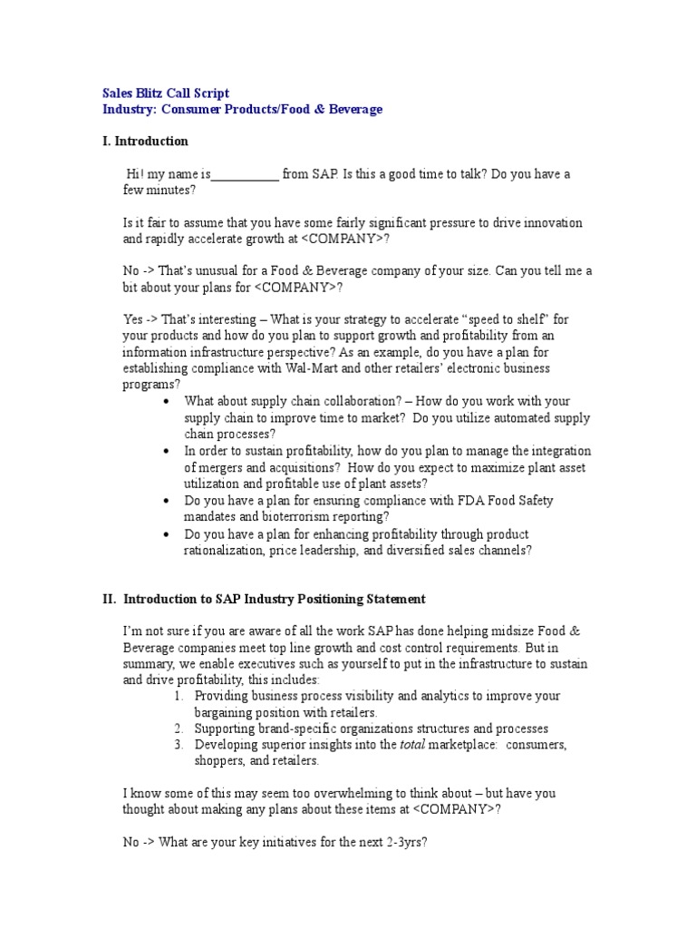 SAP Sales Blitz Call Script Industry: Consumer Products/Food & Beverage ...