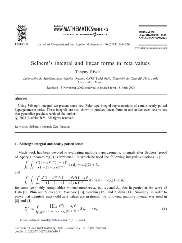 Rivoal T - Selberg's Integral and Linear Forms in Zeta Values - J. Comput. and Appl. Math. 160 ...