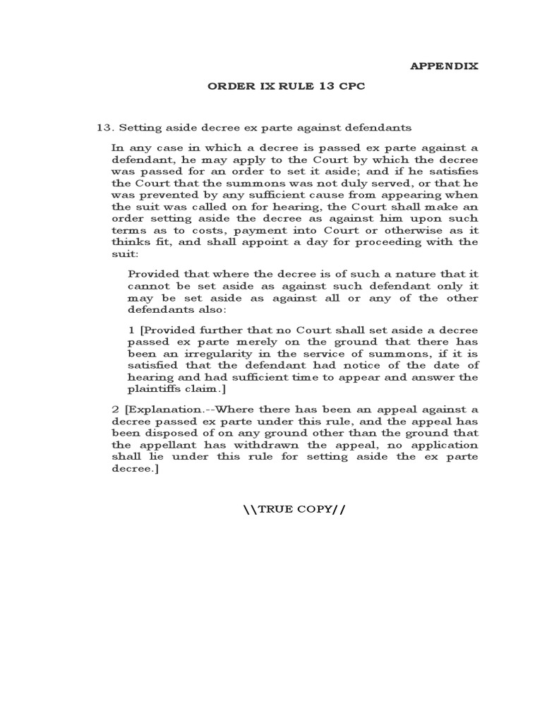 Appendix Order Ix Rule 13 CPC: //true Copy | PDF