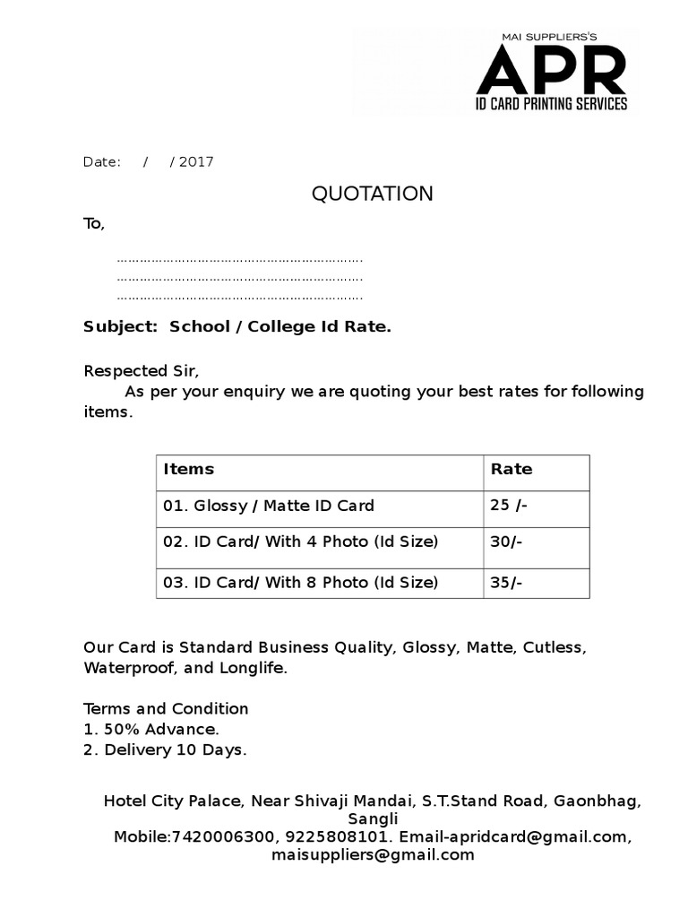 Quotation: Subject: School / College Id Rate | PDF