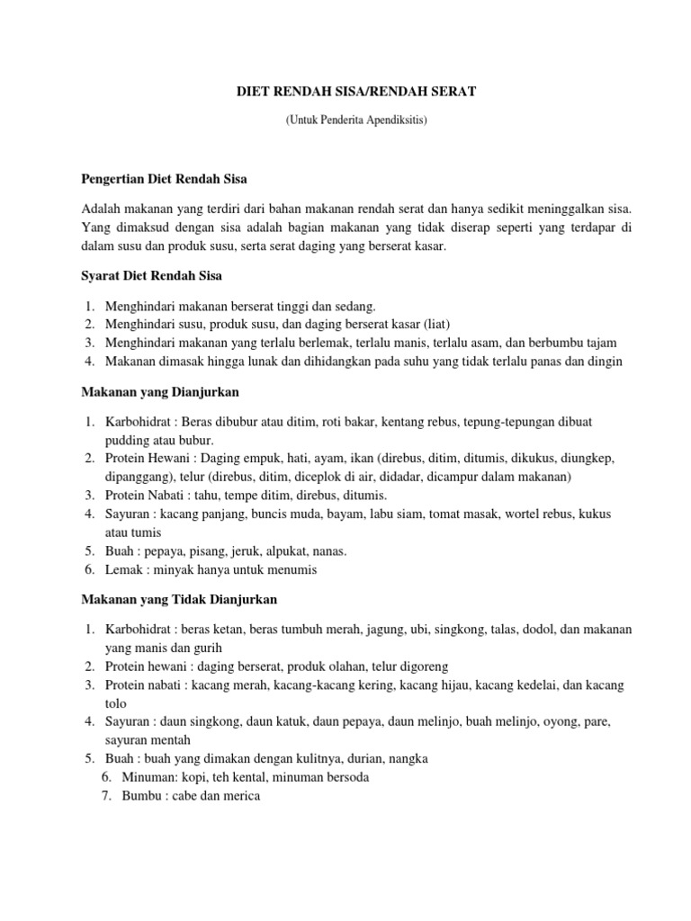Panduan Diet Rendah Sisa untuk Apendiksitis | PDF