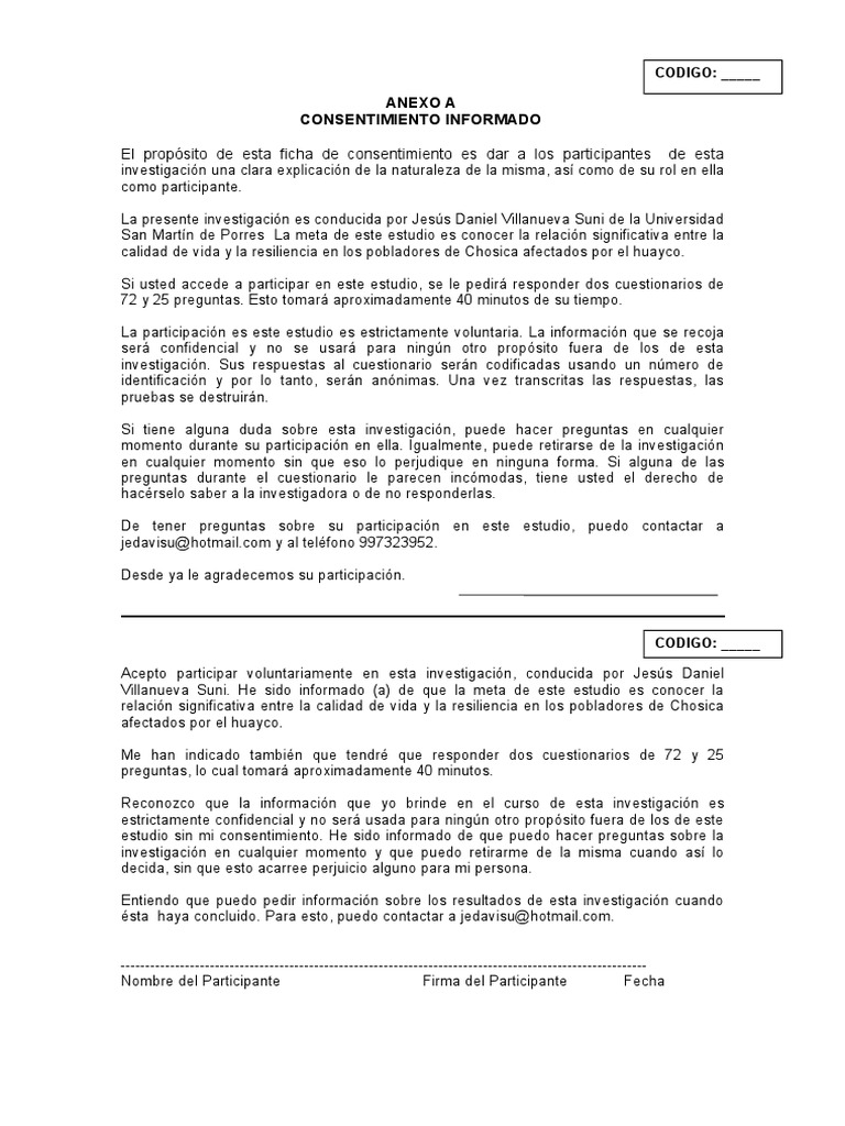 Modelo Consentimiento Informado | PDF | Cuestionario