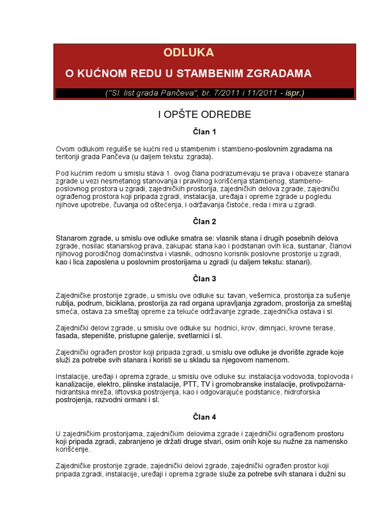 Odluka o Kućnom Redu u Stambenim Zgradama | PDF