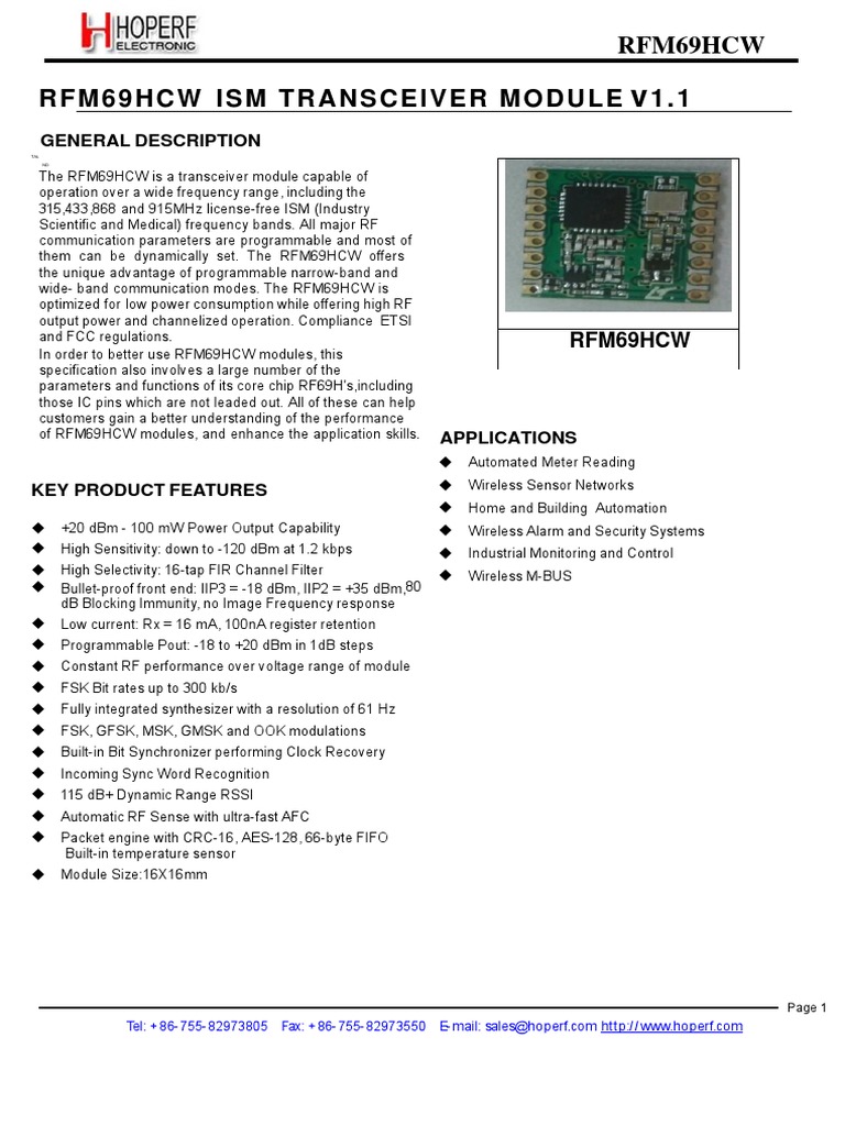 Datasheet RFM69HCW | PDF | Modulation | Hertz