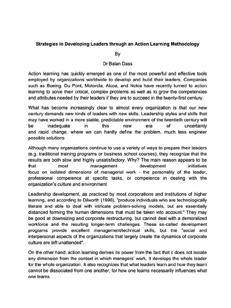 Strategies in Developing Leaders Through An Action Learning Methodology ...