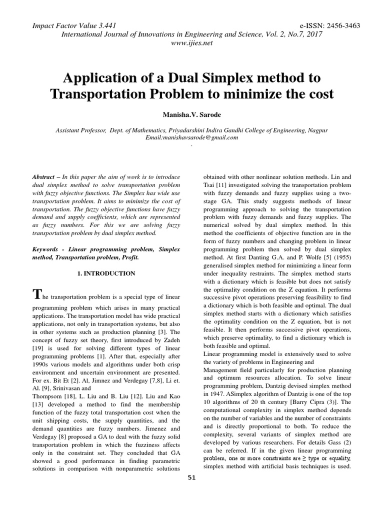 Application of A Dual Simplex Method To Transportation Problem To Minimize The Cost | PDF ...