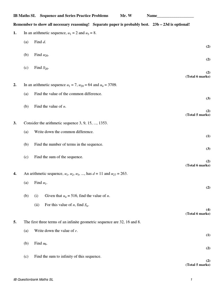 Sequence Series Practice Problems and Markscheme | PDF | Summation | Sequence