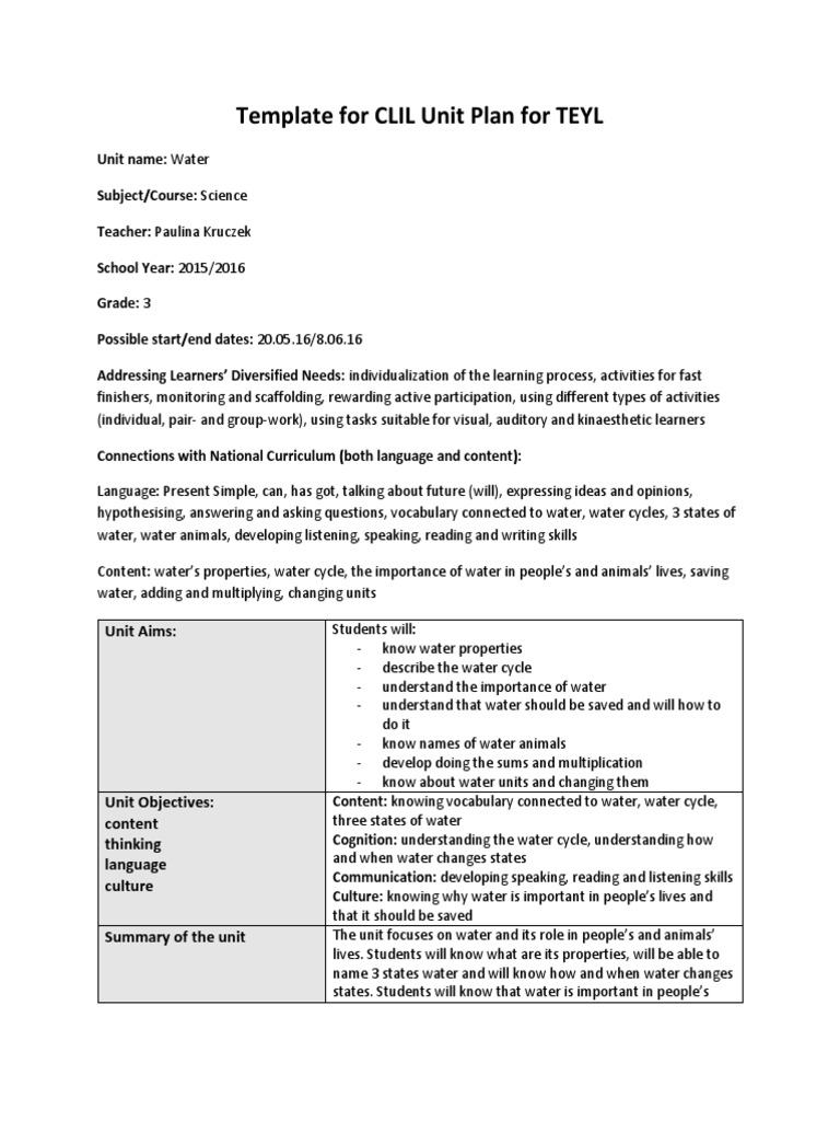 Clil Unit Plan For Teyl | PDF | Lesson Plan | Water