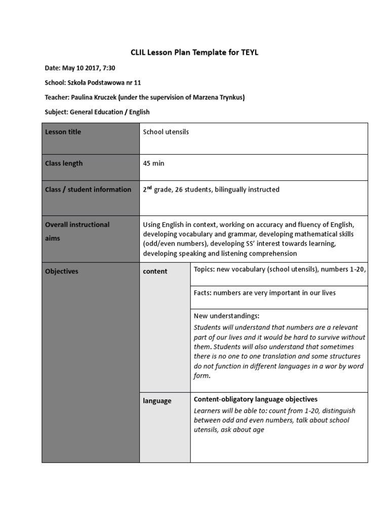 CLIL Lesson Plan Template For TEYL | Download Free PDF | Educational ...