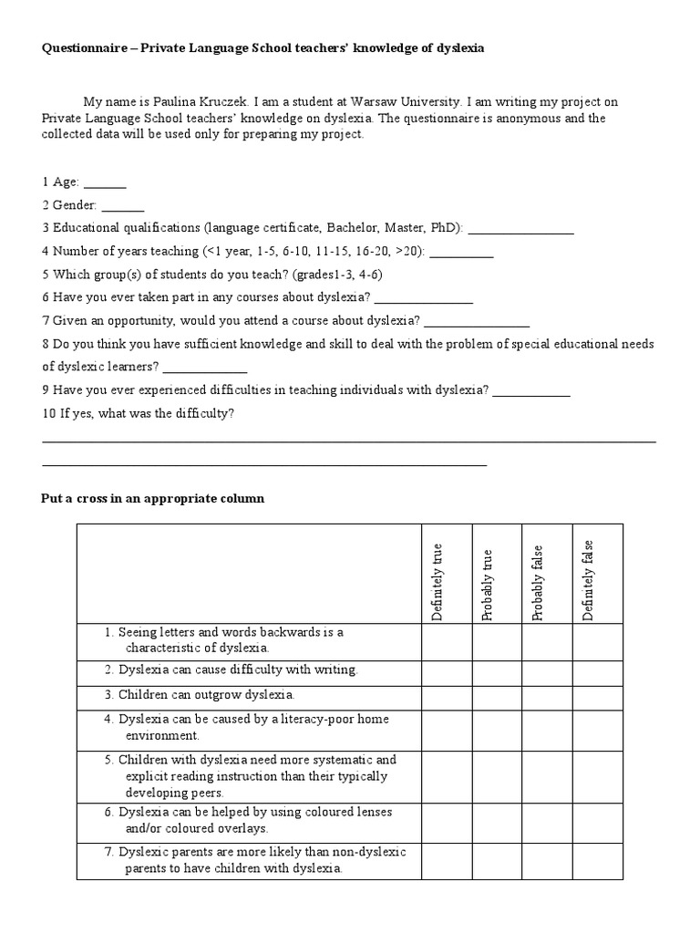 Questionnaire | PDF | Dyslexia | Psychological Concepts
