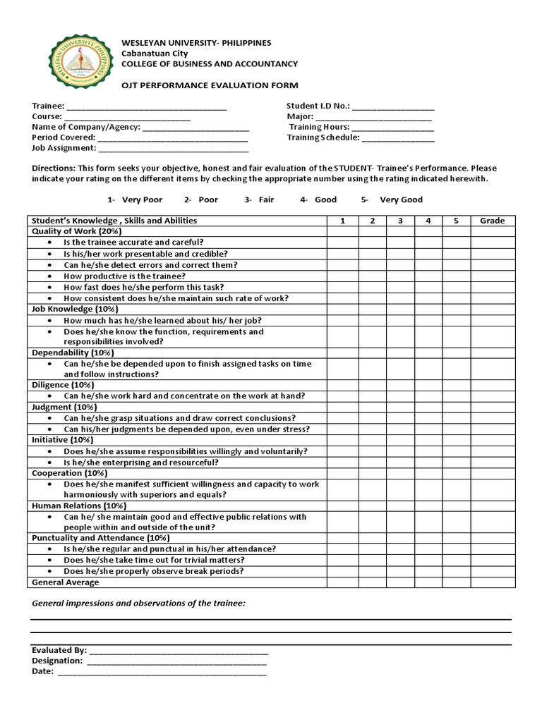 Ojt Performance Evaluation Form: General Impressions and Observations of The Trainee | PDF ...