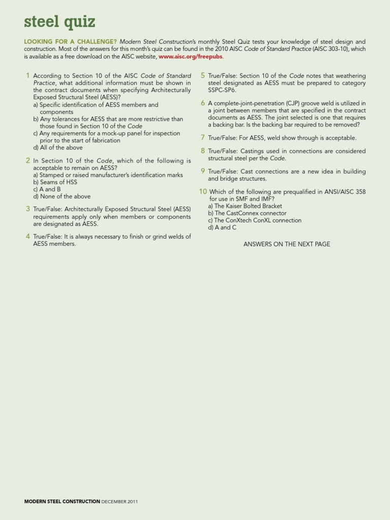 Steel Quiz: Modern Steel Construction's Monthly Steel Quiz Tests Your ...