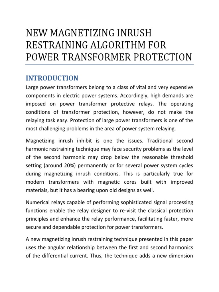 New Magnetizing Inrush Restraining Algorithm For Power Transformer ...