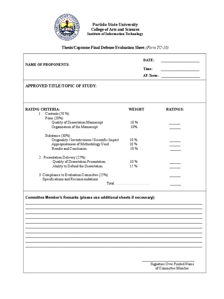 Form TC-10-Thesis - Capstone Final Defense Evaluation Sheet | PDF | Thesis | Academia