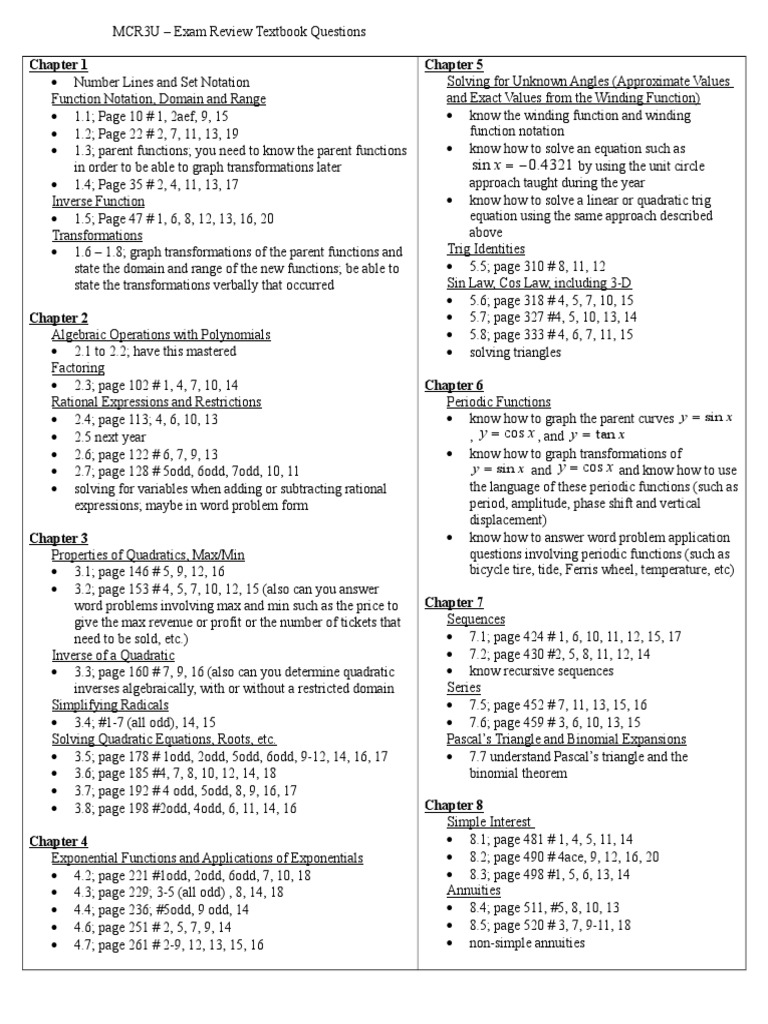 MCR3U Exam Review2015 | PDF | Equations | Quadratic Equation
