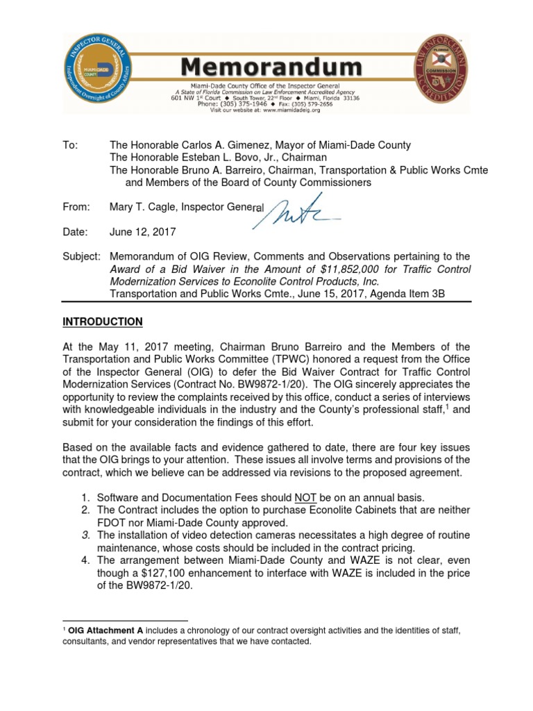 OIG Review of Traffic Control Bid Waiver | PDF | Procurement | Business