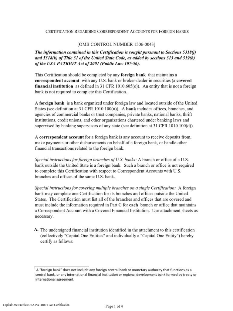 Foreign Bank Account Certification Capital One | PDF | Capital One ...