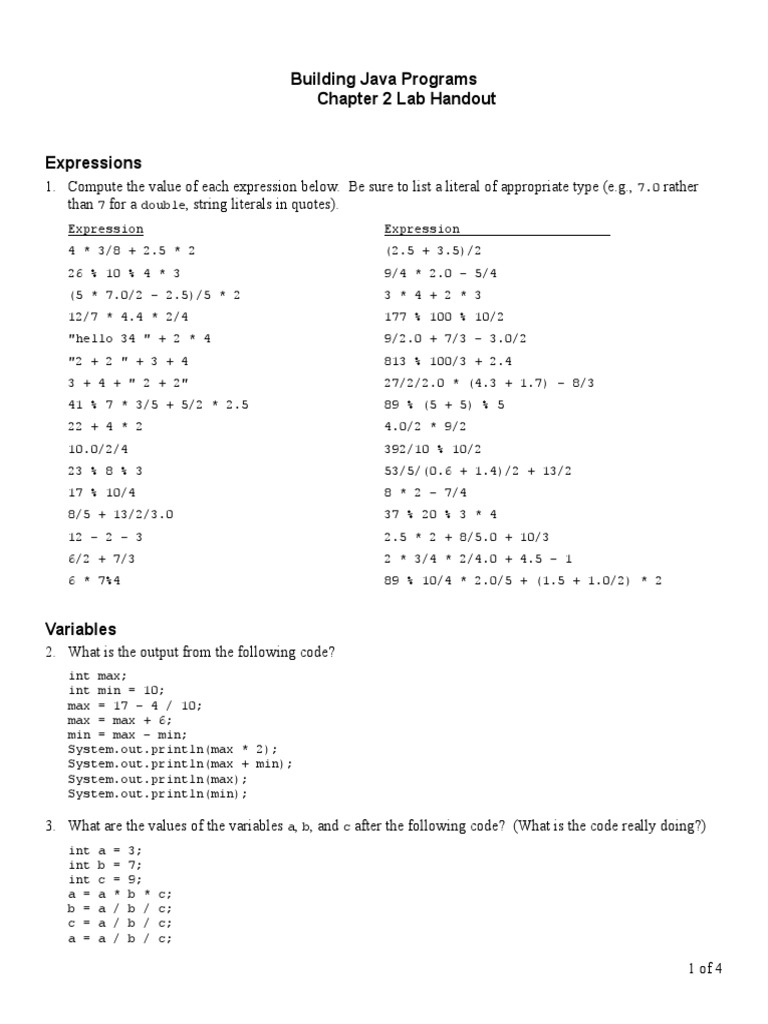 Building Java Programs Chapter 2 Lab Handout | PDF | Control Flow | Variable (Computer Science)
