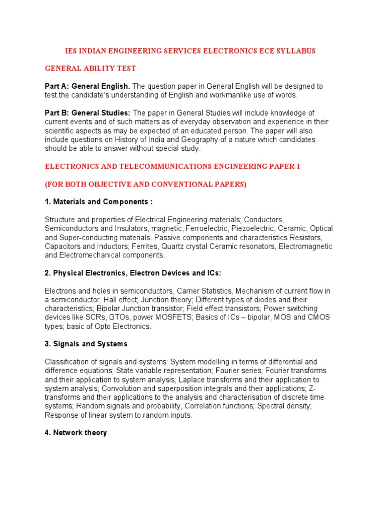 Ies Indian Engineering Services Electronics Ece Syllabus General ...