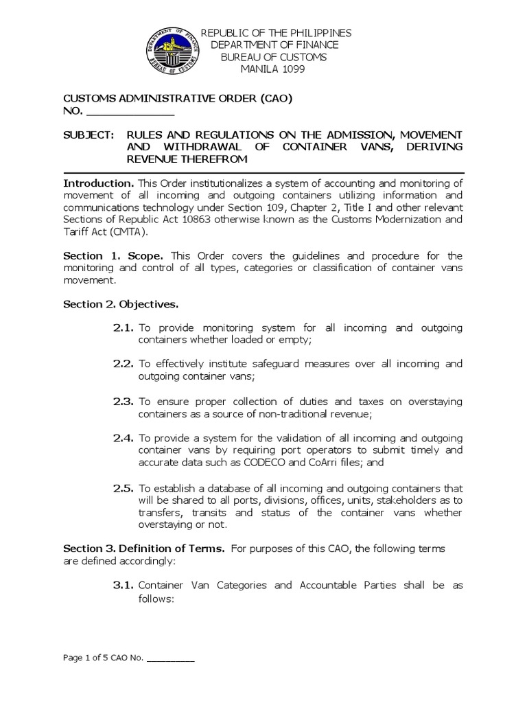 Draft Bureau of Customs Order On Container Monitoring | PDF | Customs ...