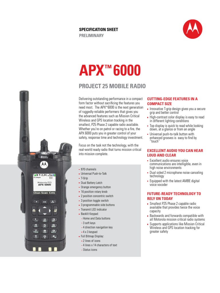 APX 6000 Spec Sheet | Radio | Electrical Engineering | Free 30-day Trial | Scribd