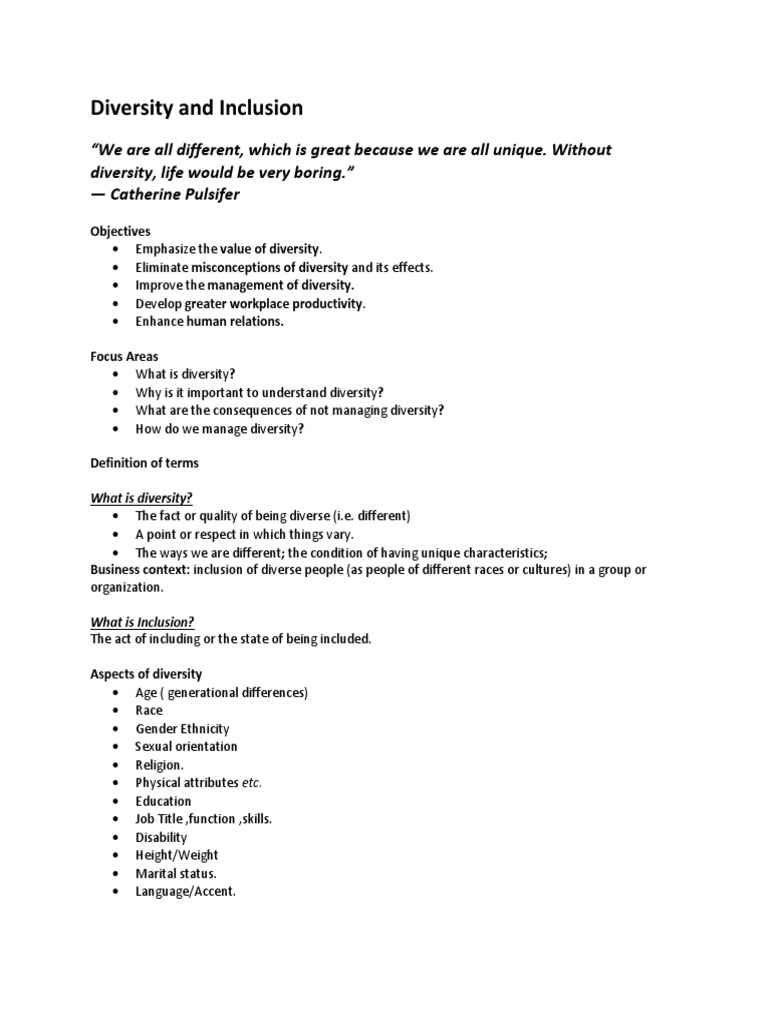 Diversity and Inclusion (PPT Outline).docx | Diversity (Business ...