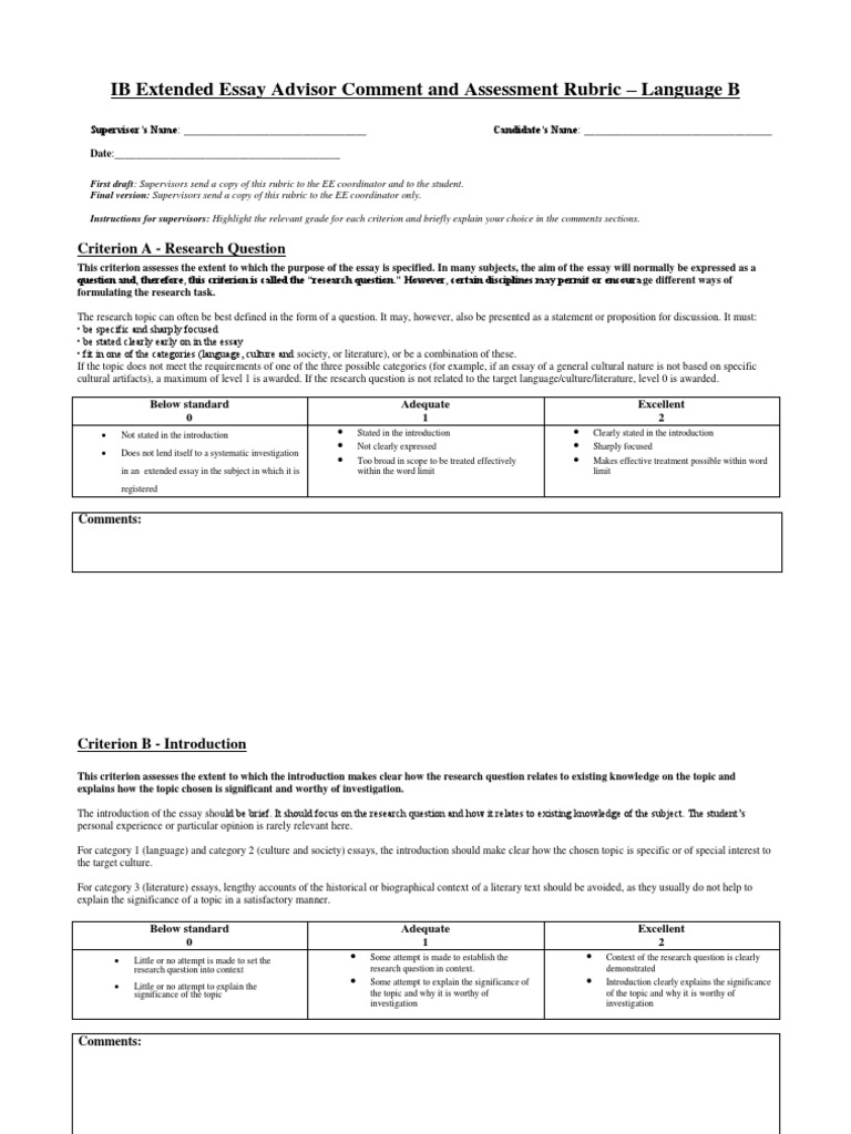 IB Extended Essay Advisor Comment and Assessment Rubric - Language B ...