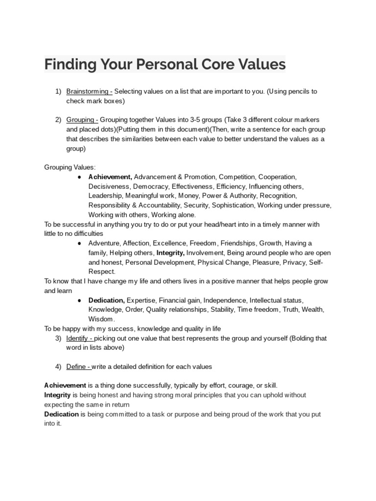 Values - Tallis Dalrymple | PDF | Career & Growth