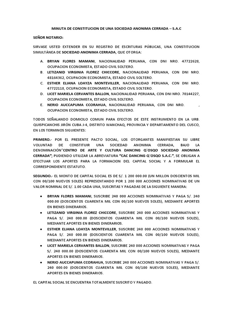 Minuta de Constitucion de Una Sociedad Anonima Cerrada | PDF