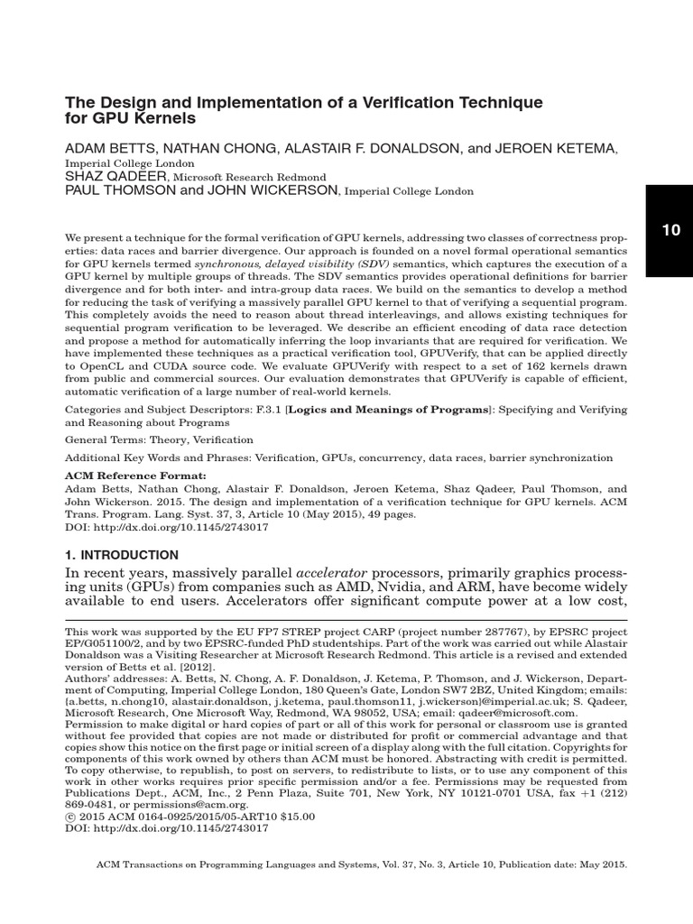 The Design and Implementation of A Verification Technique For GPU Kernels | PDF | Thread ...