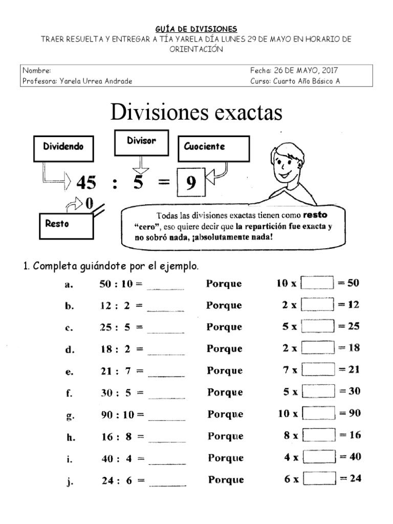 Divisiones exactas: Dividendo Divisor Cuociente | División (Matemáticas ...