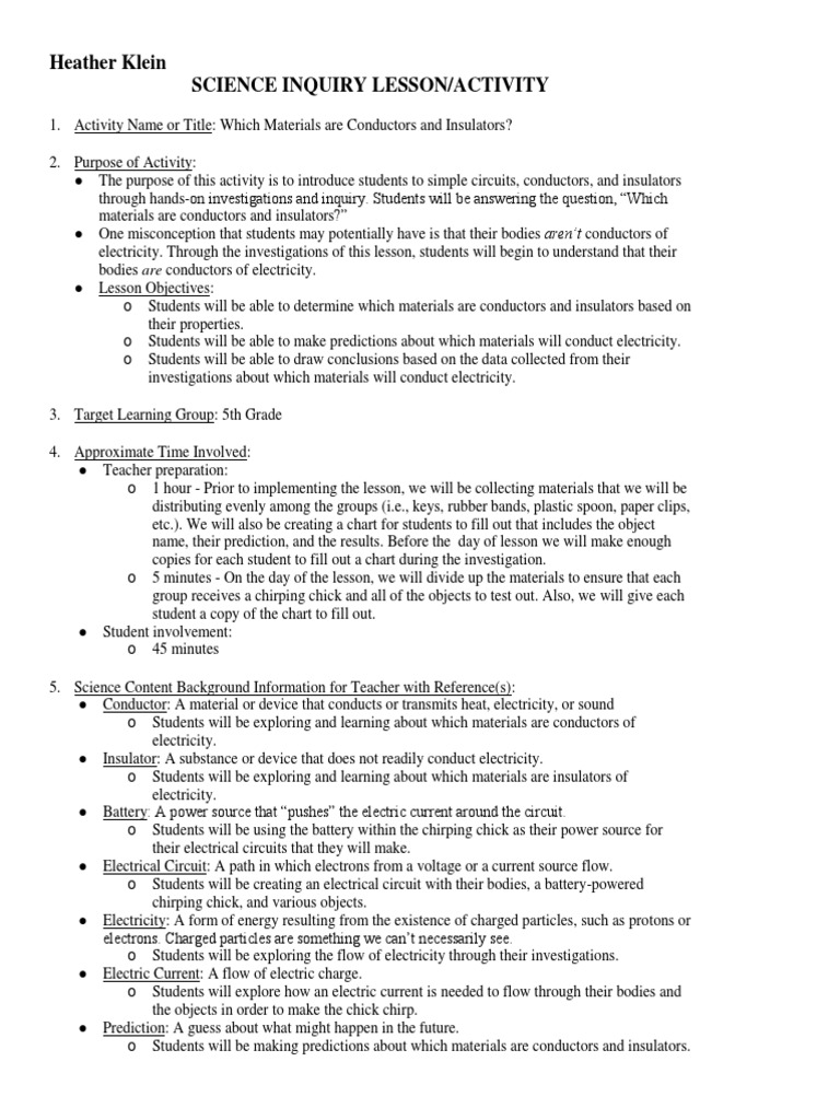 Science Inquiry Lesson Plan Final | PDF | Electric Current | Electrical ...