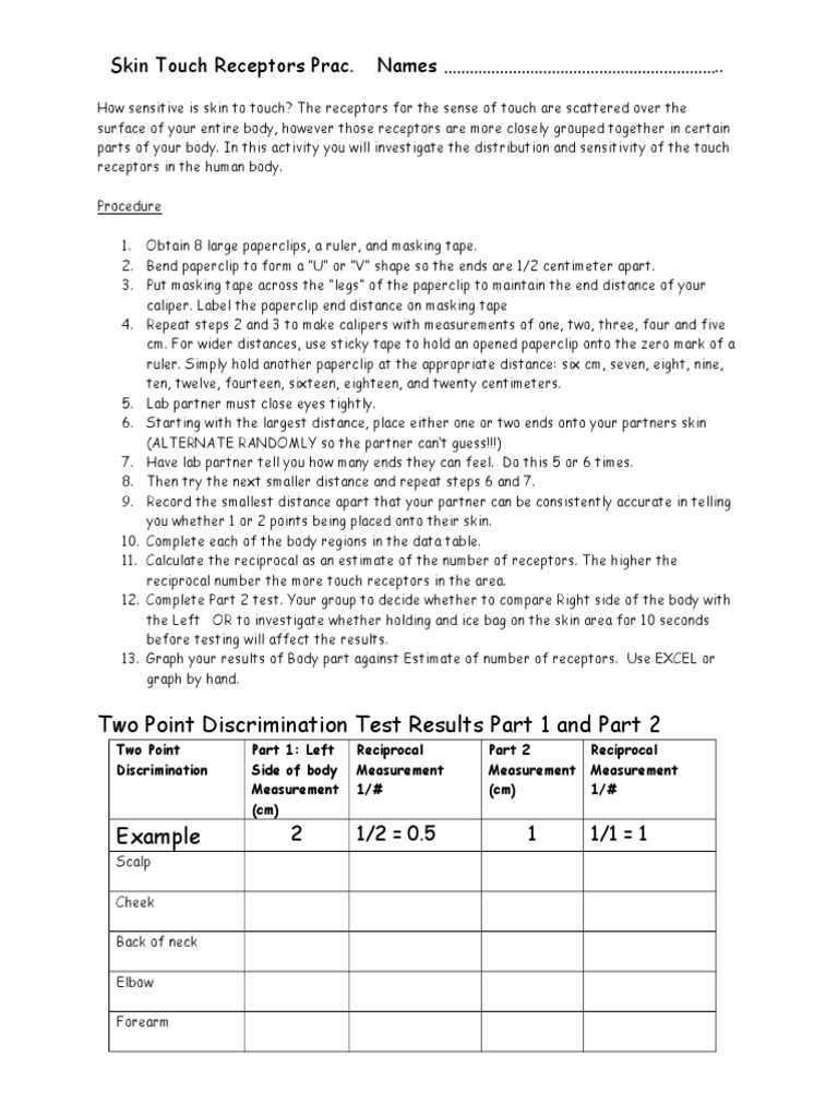 Skin Touch Receptors Prac. Names ..: Two Point Discrimination Test ...