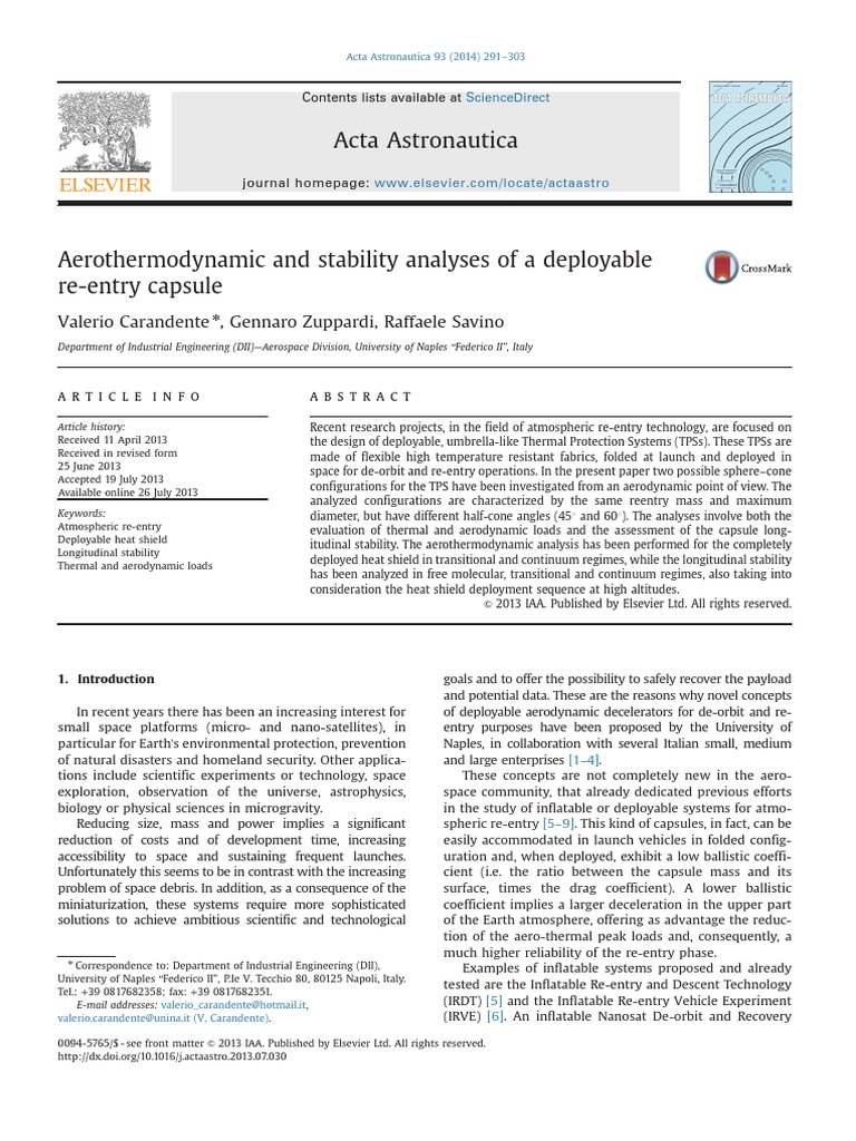Aerothermodynamic and Stability Analyses of A Deployable Re-Entry ...