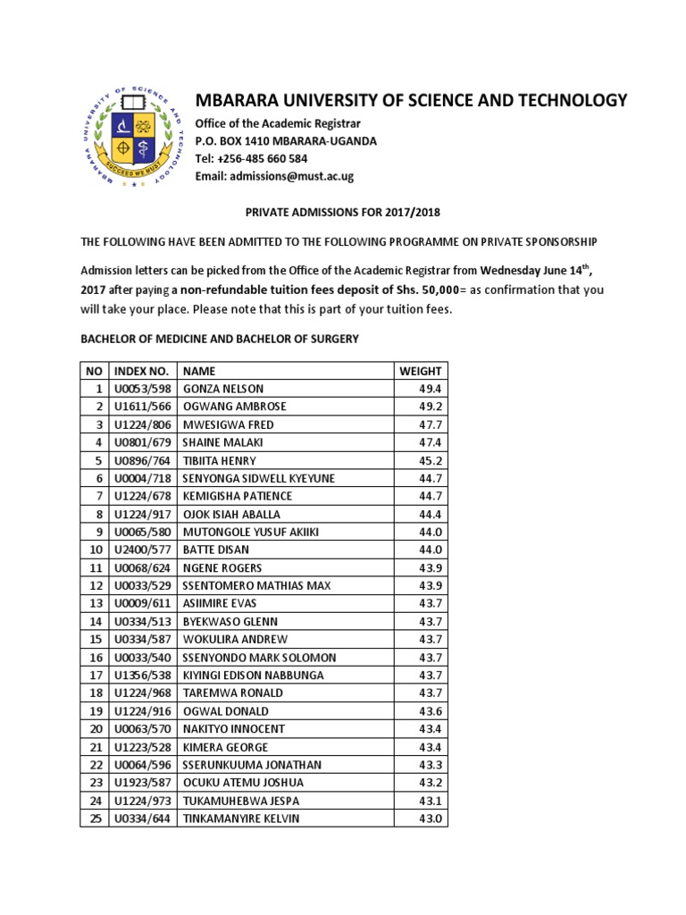 Mbarara university Private Admission List 2017/2018 | Academic Degree