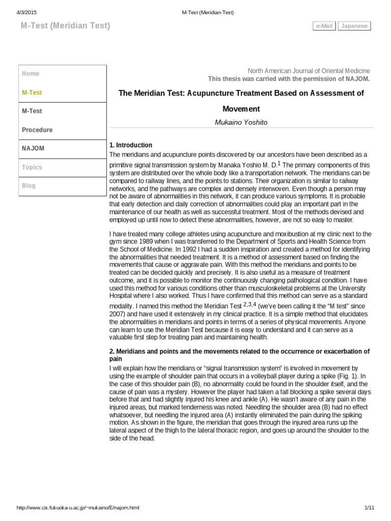 M Test (Meridian Test) Mukaino | PDF | Acupuncture | Pain
