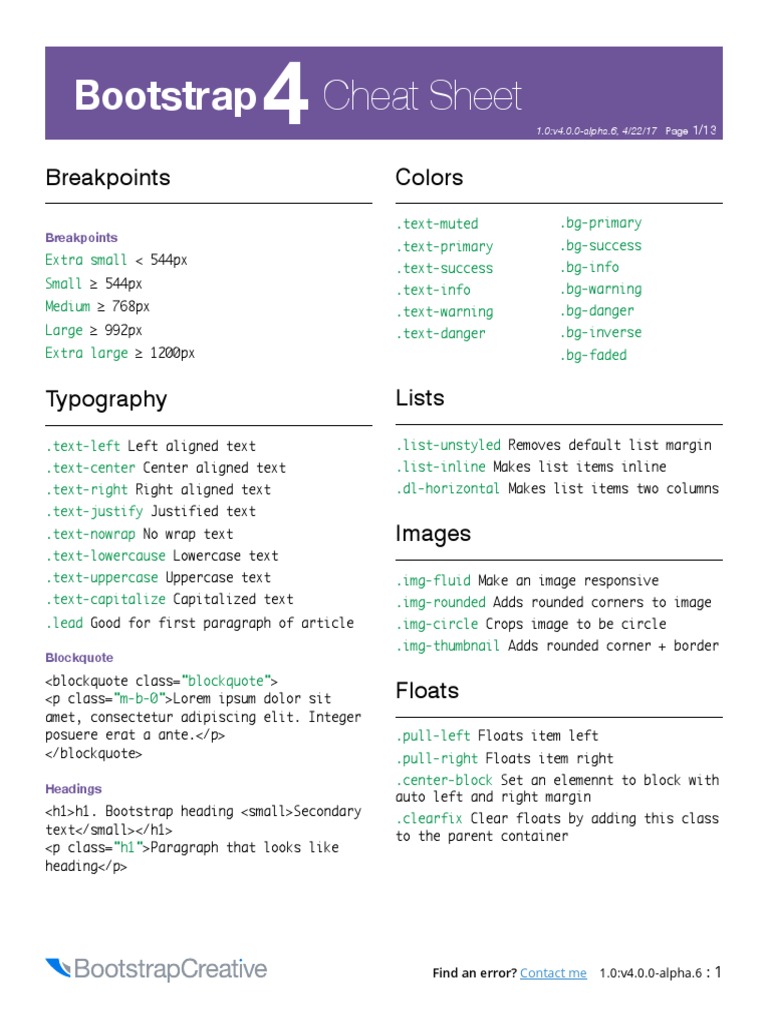 Bootstrap 4 Cheat Sheet 10v400 Alpha6 | PDF | Bootstrap (Front End Framework) | Cascading Style ...